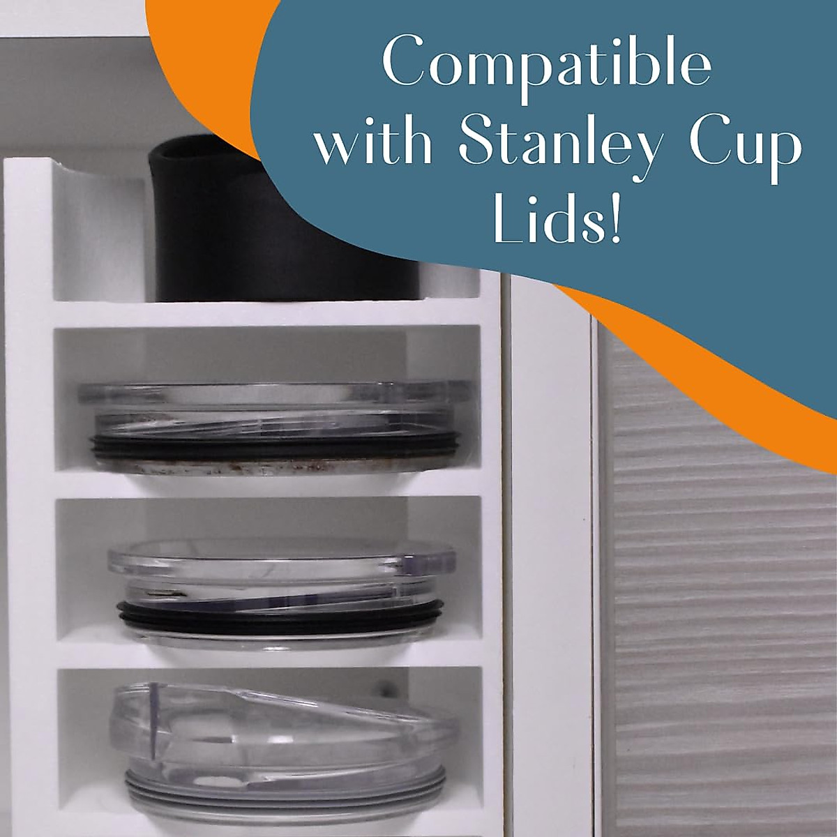 Lid Organizer Compatible With Stanley Cup Lids | 5 Lid Organizer for Cabinets or Kitchen Counter | Includes Straws Storage | Made in USA (White)