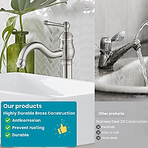 gotonovo Brushed Nickel Bathroom Vessel Sink Faucet with Pop Up Drain Single Lever Handle 1 Hole Bowl Sink Mixer Tap Tall Spout Lavatory Vanity