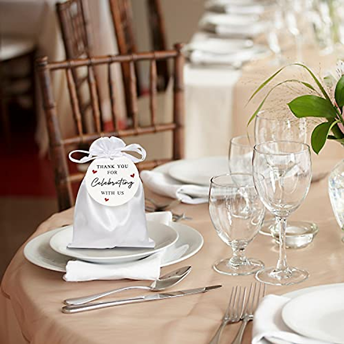 BEAVOING 60PCS Satin White Gift Bags, 4 x 6 Inches Jewelry Pouches Wedding Favor Drawstring Bags Baby Shower Christmas Gift Bags, Candy Bags with Thank You Tags