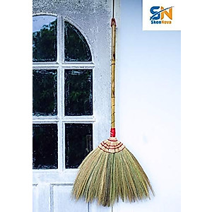 38" Thailanf Natural Grass Broom Bamboo Stick Handle for Sweeping Dirt, Dust, Garbage, Debris