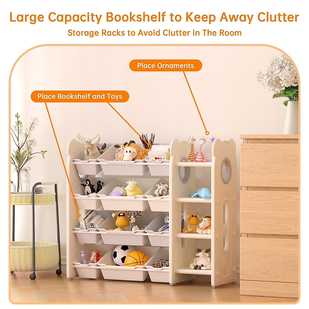 LulliSpace Kids Toy Storage Organizer with 12 Removable Plastic Bins, Modern Toy Organizer Kids Book Rack Storage Bookshelf,Kids and Toddler Toy Storage for Playroom,Daycare and Nursery,4 Tiers