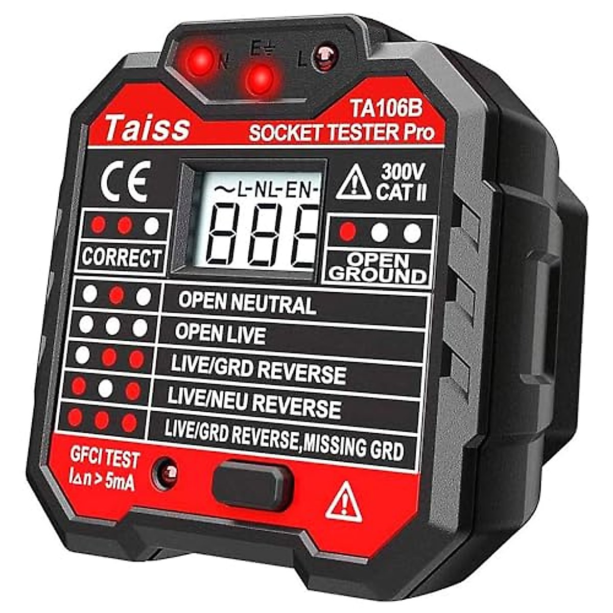 Taiss GFCI Outlet Tester New Advanced Receptacle Tester with Voltage Display 48-250V Power Socket Automatic Electric Circuit Polarity Voltage Detector Wall Plug Breaker Finder CAT II 300V TA106B