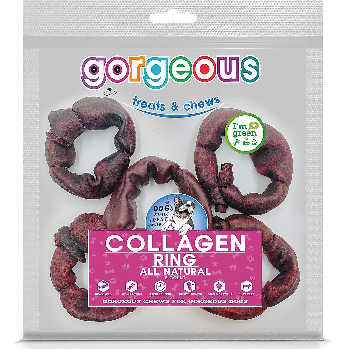 gorgeous treats and chews Beef Collagen | (Ring (5 Count)) | High in Protein | All Natural Chew for Dogs | 100% Digestible | Chondroitin & Glucosamine Source | Good for Dental Health