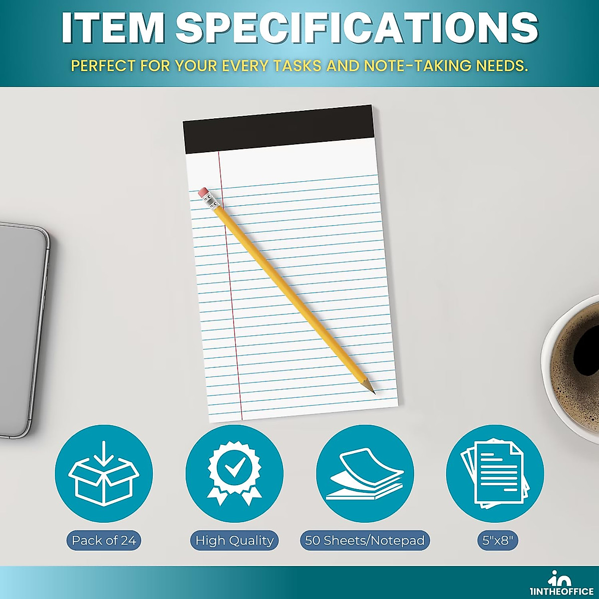 1InTheOffice Jr Legal Pads,Small Legal Notepads, 5" x 8", Narrow Ruled Note Pad, White, 50 Sheets/Pad, 24 Pads/Pack