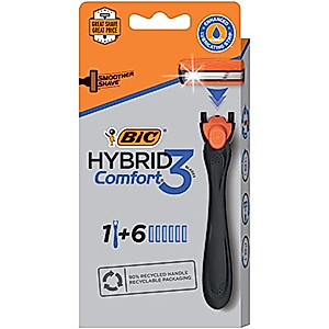 BIC Comfort 3 Refillable Three-Blade Disposable Razor for Men, Sensitive Skin Razor For a Comfortable Shave, 1 Handle and 6 Cartridges, 7 Piece Razor Set