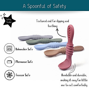 Cozinester Silicone Baby Spoon & Pre-Spoon - Baby Spoons Self Feeding 6 Months, Bendable Toddler Utensils, Baby Led Weaning Supplies | BPA Free & Boil-proof (Set of 2) (Dark Pink)