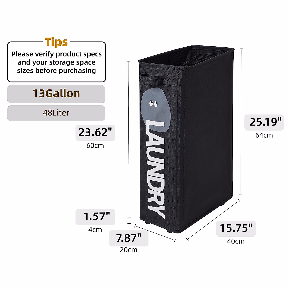 ECOWAN LIVING Laundry Basket with Wheels, Narrow Thin Tall Rolling Collapsible Foldable Laundry Hamper, Waterproof Corner Dirty Clothes Laundry Bin, Handle on Both Side, 48L (Slim/13Gal, Black)