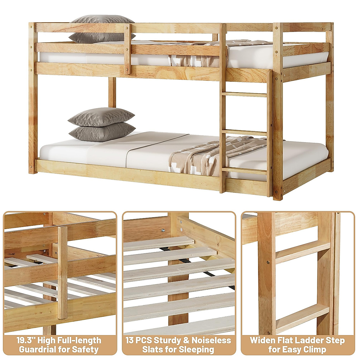 LUKEEHOM Bunk Bed Twin Over Twin, Wood Low Profile Floor Twin Bunk Beds with Ladder Guardrails for Kids Boys and Girls, No Box Spring Needed