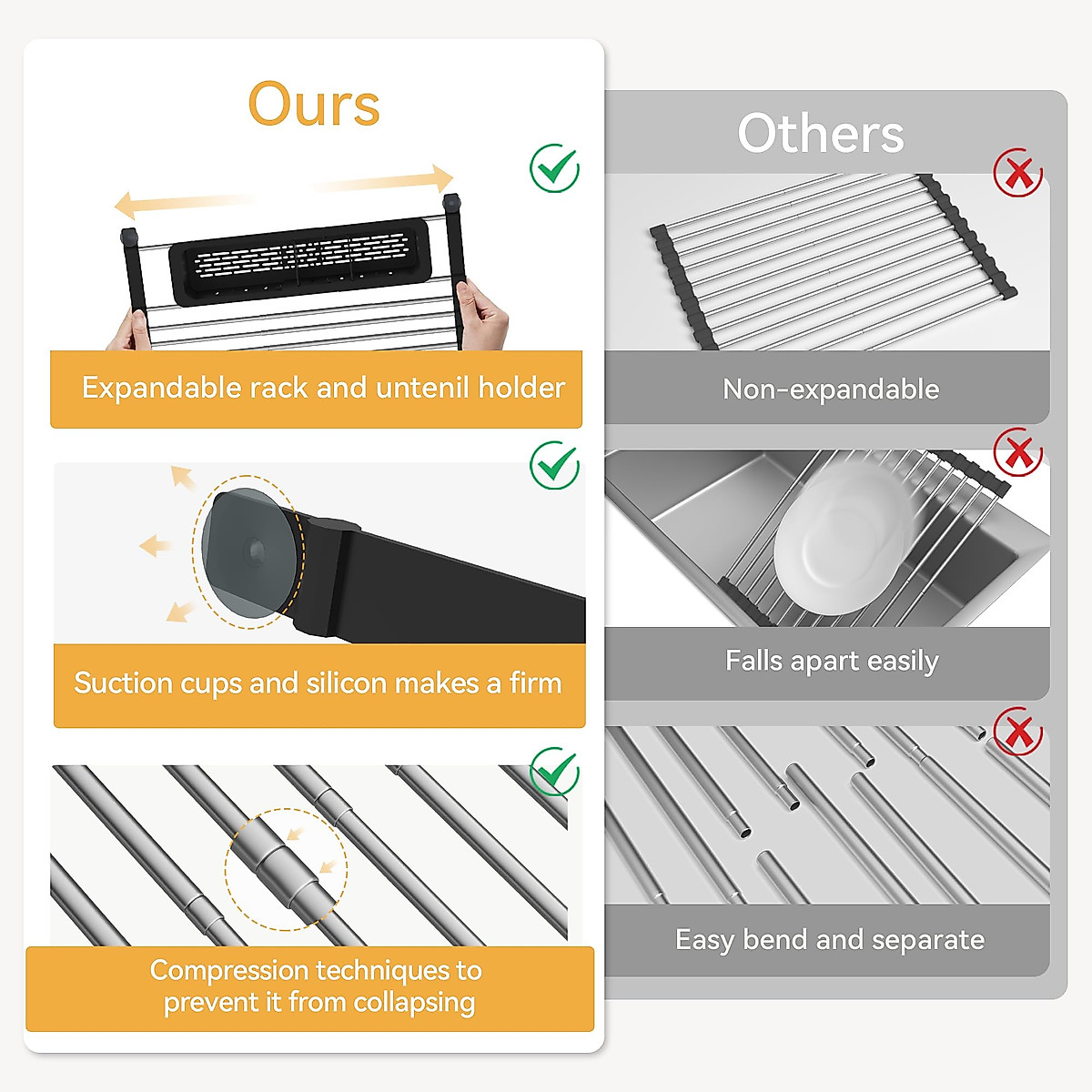 Yofidra Expandable Roll-Up Dish Drying Rack (Up to 19.6") with Expandable Storage Basket, Over-The-Sink Dish Drainer Drying Rack, Foldable Stainless Steel Kitchen Drainer - Black