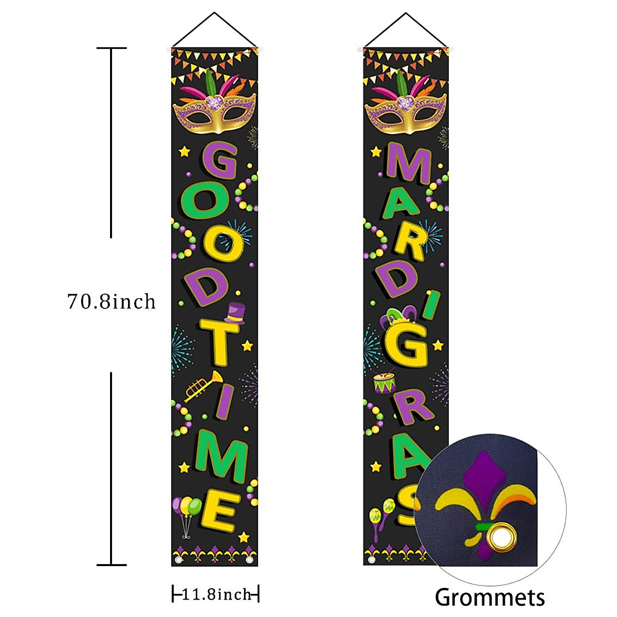 Mardi Gras Porch Sign, Mardi Gras and Good Time Roll Welcome Sign Hanging Banner for Indoor Outdoor Masquerade Party Supplies