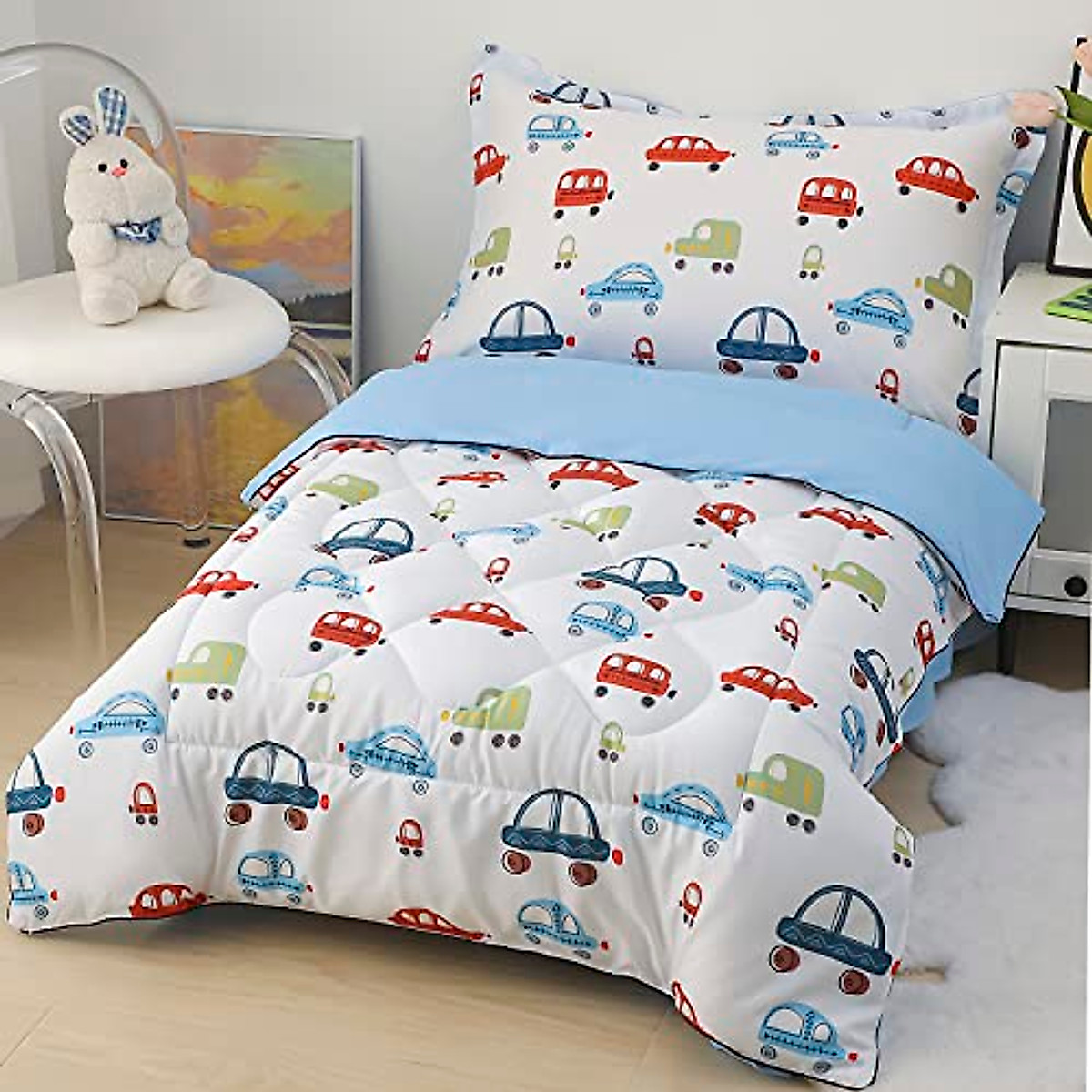 KINBEDY 4 Pieces White Toddler Bedding Sets for Boys Cars Blue Bed Sheets Set Cartoon Comforter Set for Baby Kids | Include Comforter, Flat Sheet, Fitted Sheet, Pillowcase