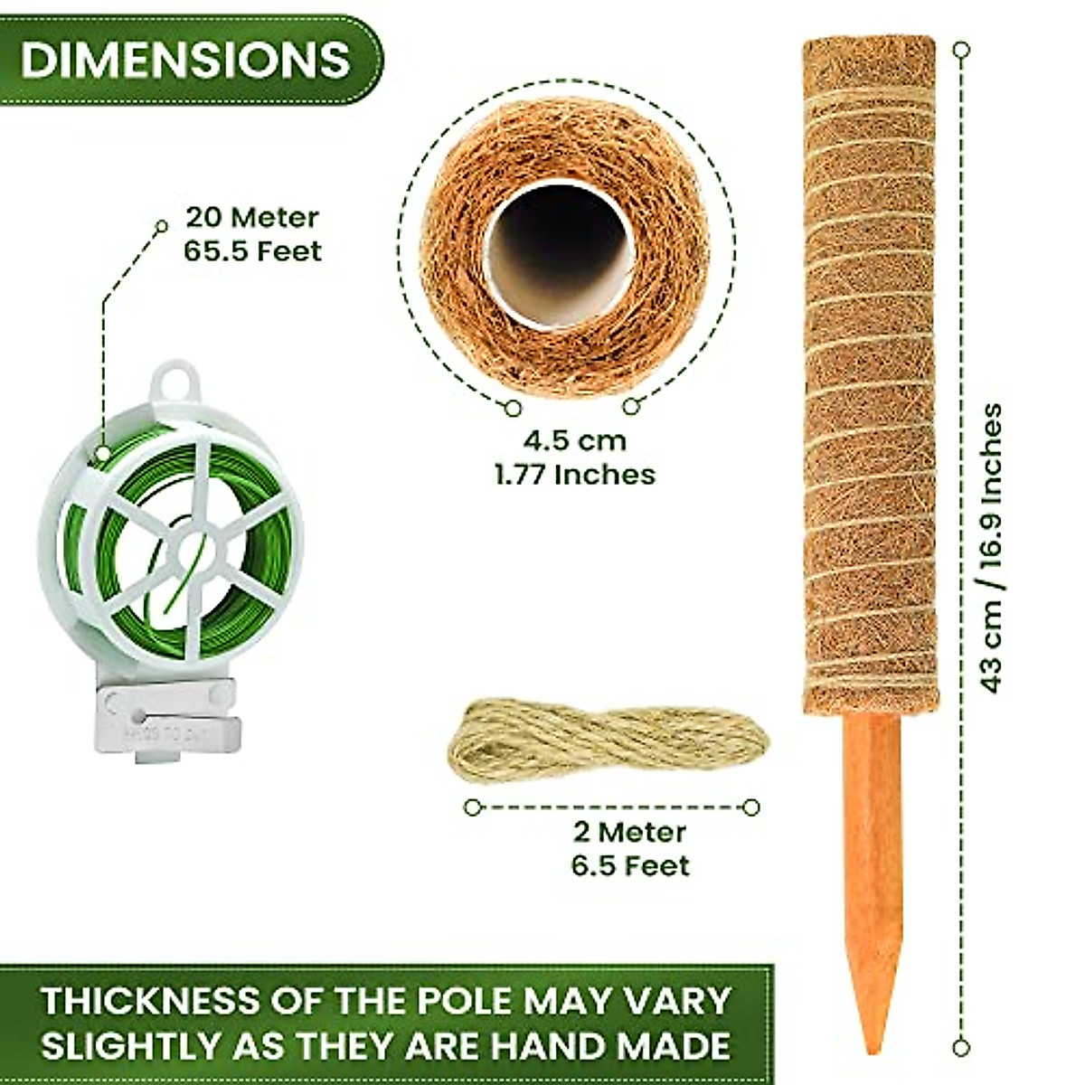 Moss Pole for Plants Monstera - 51.1” Stackable Plant Poles for Potted Plants Indoor and Outdoor (4 Pcs) – 16.9” Long Natural Coir Moss Sticks with Garden Twist Ties and Jute Rope