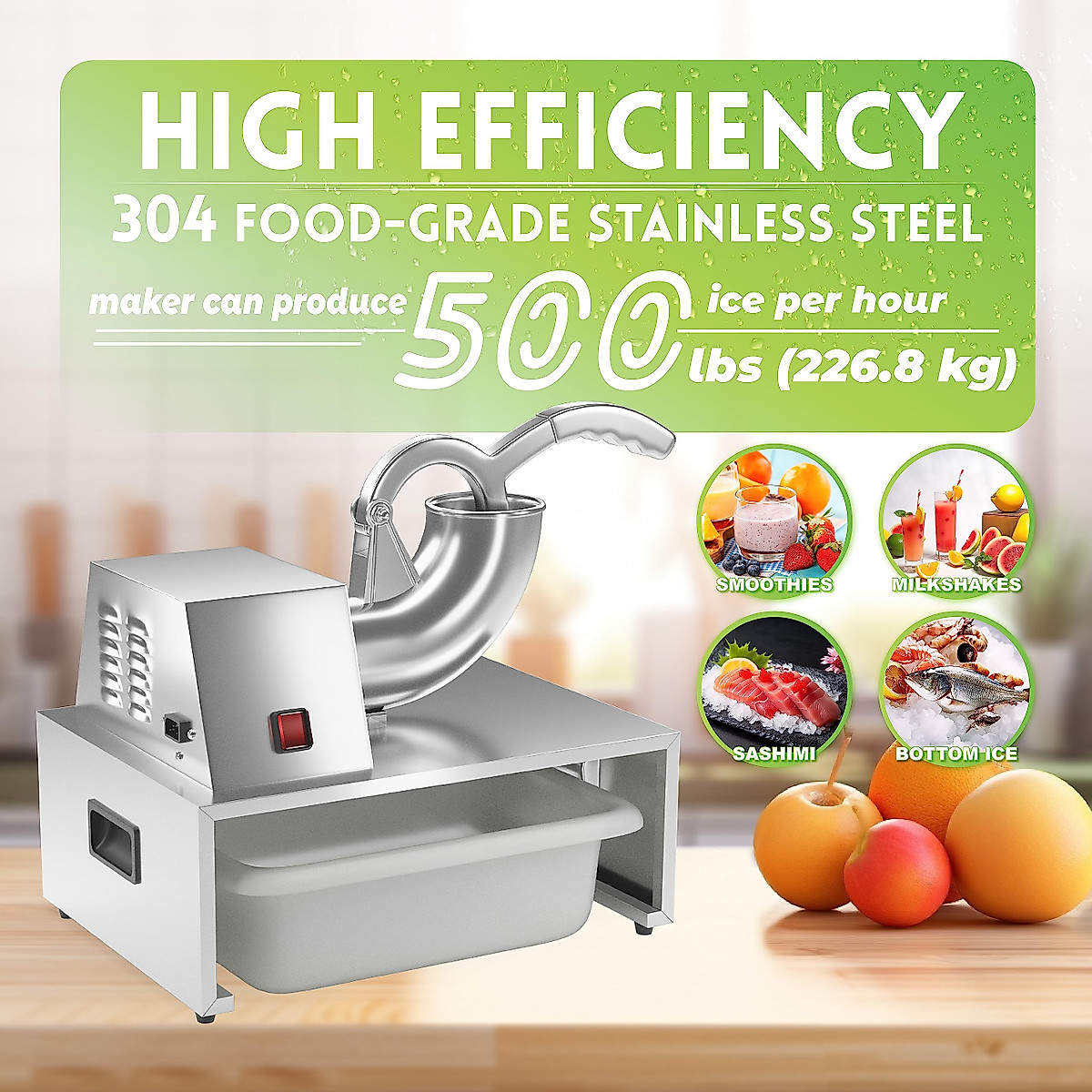 Tzechkii 110V Commercial Snow Cone Machine, ETL Approved 250W Electric Shaved ice Machine, Stainless w/Dual Blades shaved ice maker, Snow Machine with Acrylic Storage Box for Home, Restaurants Bars.