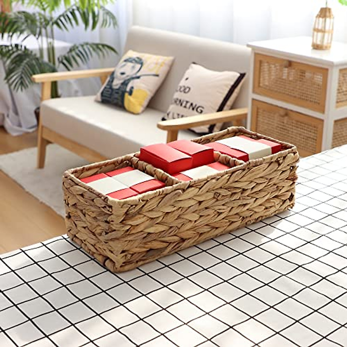 YAHUAN Woven Water Hyacinth Storage Basket Divided Basket with 3-Section Wicker Baskets for Shelves,Handwoven Desk Baskets for Pantry, Coffee Bar, Shelves (Water Hyacinth)