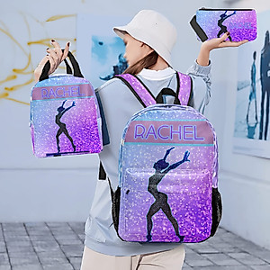 Personalized Gymnastic Bling Print Purple Student Backpacks Set with Name Large Unique 1Lunch Handbag +1Pencil Case +1Schoolbag