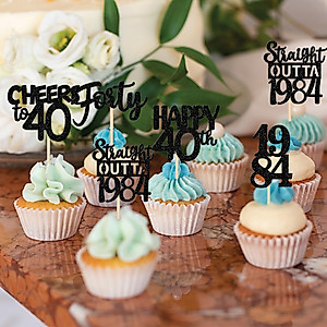 30PCS Black 40th Birthday Cupcake Toppers Glitter Forty Happy 40th Straight Outta 1984 Cupcake Picks for Cheers to 40 Years 40th Birthday Wedding Anniversary Party Decorations Supplies