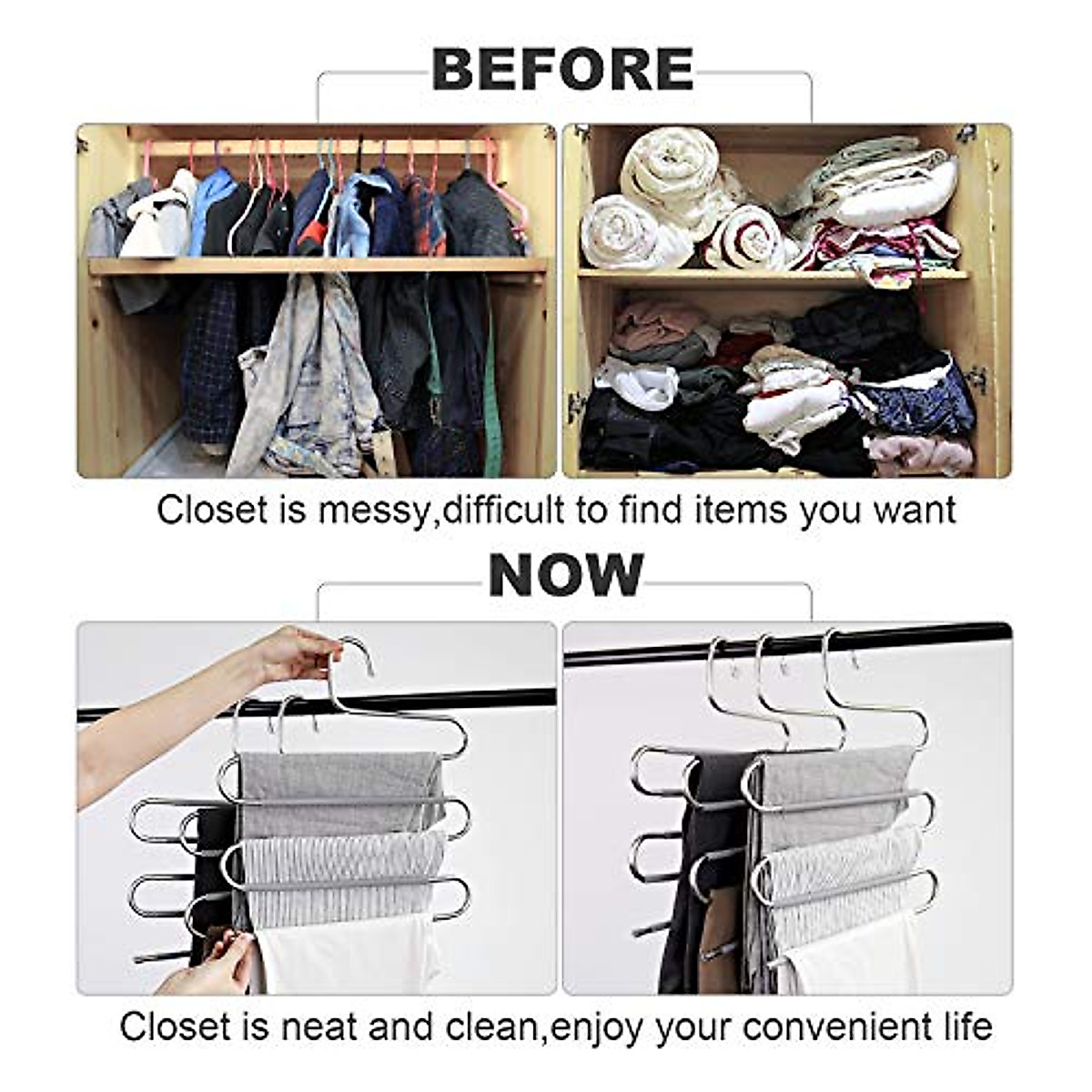 Myfolrena Pants Hangers Non Slip Updated S-Shaped 5 Layers Hangers Closet Space Saver for Jeans Scarf Tie Clothes(6 Pack Grey+4 Pack Black)