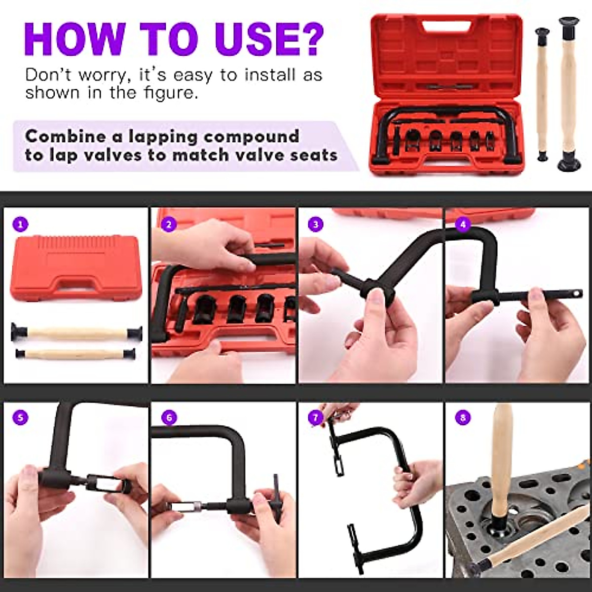 Swpeet 13Pcs Black Valve Spring Compressor Tools Assortment Kit, Including 5Pcs Pusher Adaptors,Extension Screws,Valve Lapper Set and Compression Bar for Motorcycle Car Small Engine Vehicle