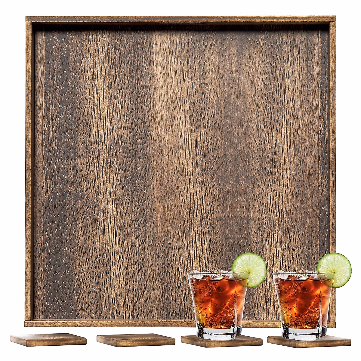 Nunemosk 24”x24” Extra Large Square Black Walnut Wood Ottoman Tray with Handles, Serve Tea, Coffee or Breakfast in Bed, Including 4 Walnut Coasters