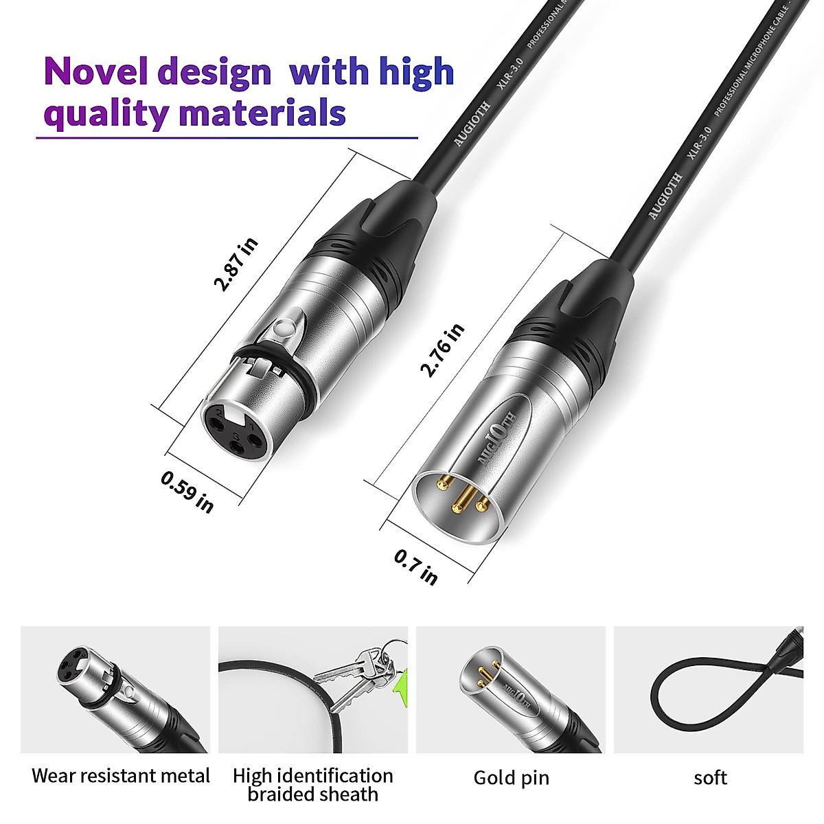 Augioth XLR Cable 100 ft, Microphone Cable, XLR Male to Female Balanced Microphone Cord 3 pin, Mic Cord, XLR Male to Female