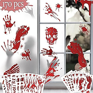 Halloween Decorations 170 PCS Halloween Window Clings, Bloody Handprint Footprint Halloween Wall Decal Floor Clings with Tattoo Stickers, Scary Halloween Decoration Window Stickers