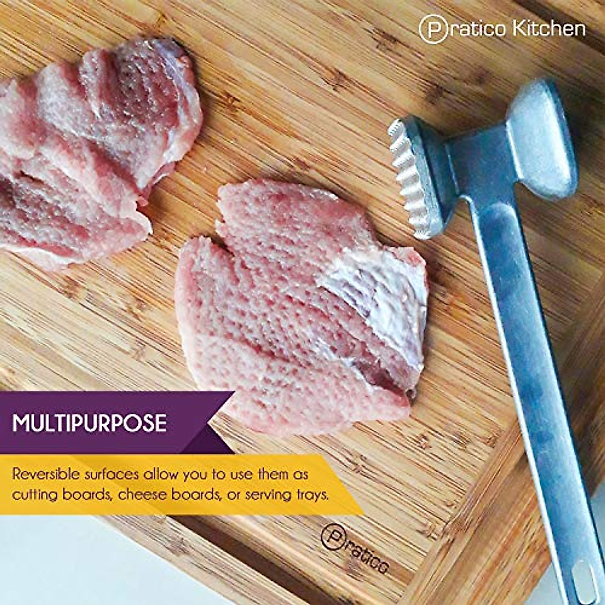 Pratico Kitchen Bamboo Cutting Board and Serving Tray with Juice Groove Set, 18 x 12 and 8 x 6 inch Boards