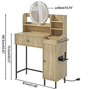 Furtivusia Fluted Makeup Vanity Desk with Mirror and Light Modern Vanity Table with Charging Station Dressing Table with Drawers & Cabinet & Shelves & Divided Organizers 3 Light Settings for Bedroom