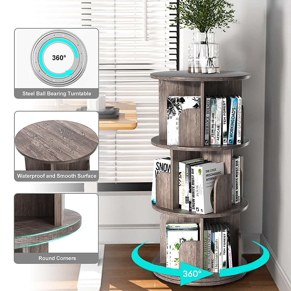 Nidouillet Rotating Bookshelf, 3 Tier Revolving Bookcase 360 Display Round Bookshelf Narrow Swivel Corner Book Shelf Standing Bookcase for Adult Bedroom, Living Room