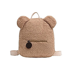 AONUOWE Mini Kawaii Bear Ear Backpack Teens Kids Faux Fur Schoolbag Teenager Student Aesthetic Furry Sherpa Fleece Daypack (Khaki)