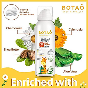 BOTAO BABY’S MINERAL SUNSCREEN FOAM SPRAY: SPF50 Broad Spectrum UVA UVB, Babies or Toddlers Sunburn Protection, Zinc Oxide, 3.4 Oz (1-Pack)