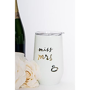 Kate Spade New York Insulated Bridal Stainless Steel Wine Tumbler, 16 Ounce Double Wall Tumbler for Bride to Be, Stemless Travel Cup with Lid, Miss to Mrs. (White)