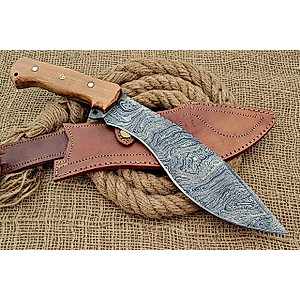 HUNTEX Handmade Hand-Forged Twist Pattern Damascus Steel 15 Inch Long Full Tang Natural Oak Wood Handle Razor Sharp Hunting Camping Kukri Knife w/Genuine Leather Sheath