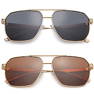 Hycredi Oversized Polarized Sunglasses for Women Men Retro Square Trendy Sun Glasses Classic Large Metal Shades UV400 (Gold/Grey + Gold/Brown)