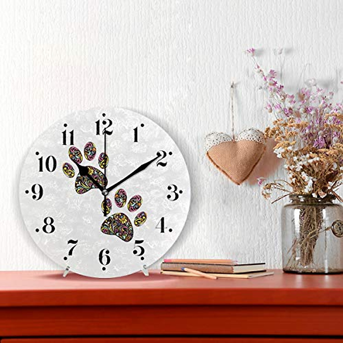 VIKKO Floral Animal Dog Paw Wall Clock 9.8 inch Round Battery Operated Decorative Clock for Kitchen School Office