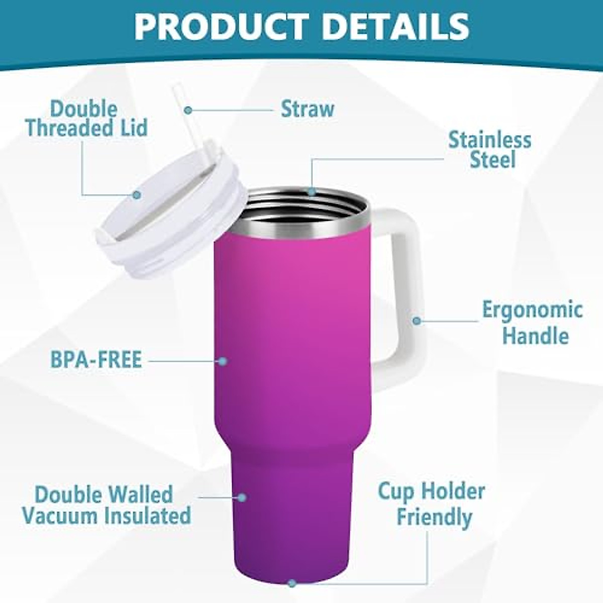 ODAWA Gradient Purple Tumbler Cup with Straw and Lid Travel Mug 40 Oz Stainless Steel Water Bottle