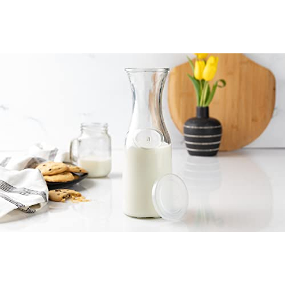 Kook Glass Carafe Pitchers, Beverage Dispensers, Clear Jugs For Mimosa Bar, Water, Wine, Milk and Juice, with Plastic Lids, Dishwasher Safe, 35 oz, Set of 3