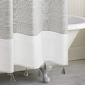 Peri Home Panama Stripe Boho Farmhouse Tassel Shower Curtain 100% Cotton Fabric Shower Curtain with Tassels for Bathroom Decor, 72 x 72 inches, Grey