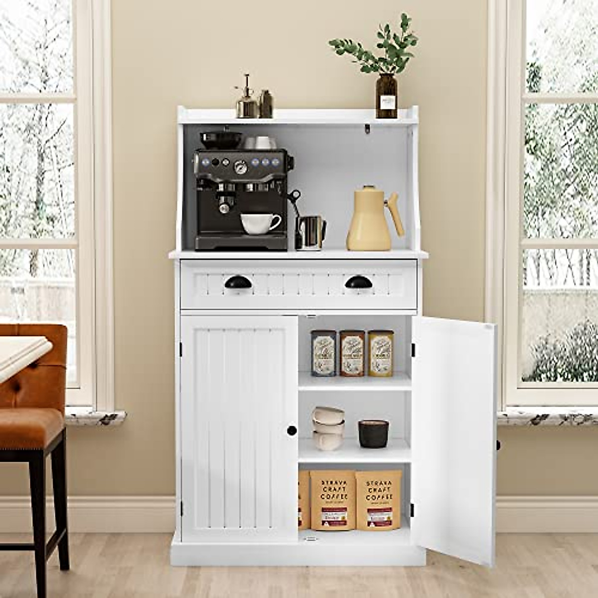 ARTPOWER 54" Kitchen Microwave Cabinet/Stand with Storage and Drawers, Pantry Storage Cabinet with Hutch & Adjustable Shelves for Kitchen, Dining Room, Living Room, Hallway in White