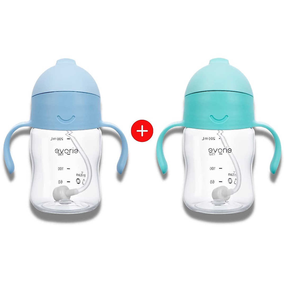Evorie Tritan Weighted Straw Baby Sippy Cup 7 Oz Leak Poof with Handles for 6 Months Above, Twin Bundle (BlueMoon + Mint)