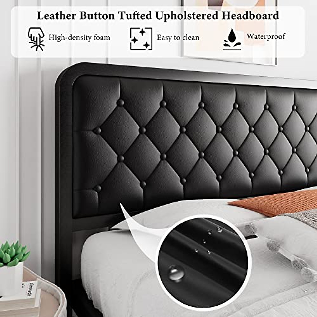 iPormis Queen Size Metal Bed Frame with Faux Leather Headboard, Curved Platform Bed Frame, Thicker Metal Steel Slats Support, 12'' Under-Bed Space, Noise-Free, Easy Assembly, Black