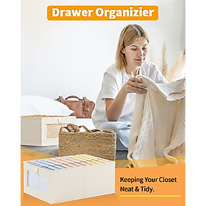 WINSTECK 4 Pack Linen Closet Organizers and Storage Bins, Storage Containers with Clear Window, Large Storage Boxes Baskets for Organizing Clothing, Jeans, Toys, Books, Shelves, Closet, Wardrobe