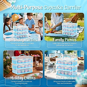 Flexzion 36 Cupcake Carrier 3 Tier Stackable Storage Container Collapsible Cake Carrier with Lid and Handle, Reusable Rectangular Plastic Dessert Travel Container, Display Holder Transport Box (Blue)