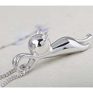 S.Leaf S925 Sterling Silver Cat Necklace Polish Mirror Silver Cat Pendant Collarbone Necklace