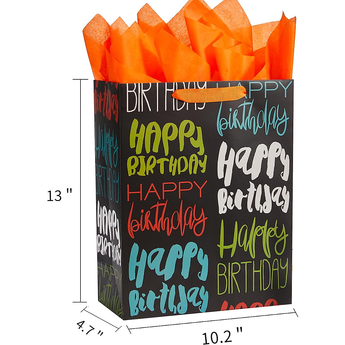 SUNCOLOR 13" Black Large Birthday Gift Bag with Orange Tissue Paper(Colorful Happy Birthday)