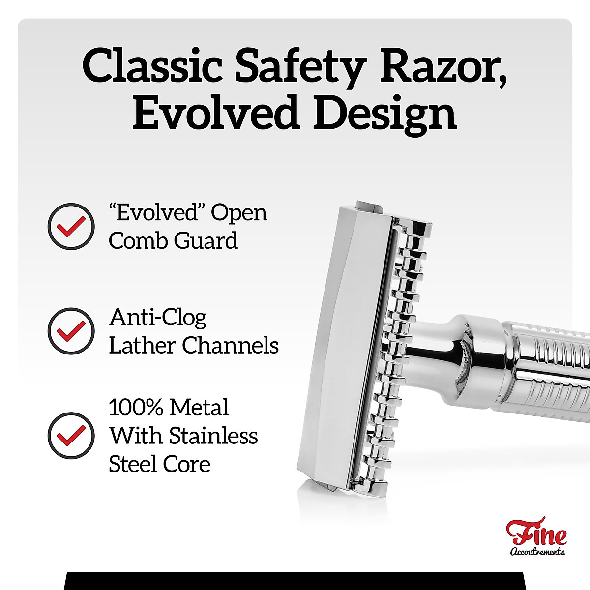 Mr. Fine Premium Double Edge Safety Razor for Wet Shaving, Single Blade Razor, Close Shave, Open-Comb Guard, 100% Metal w/Stainless Steel Core, 5 Feather Blades