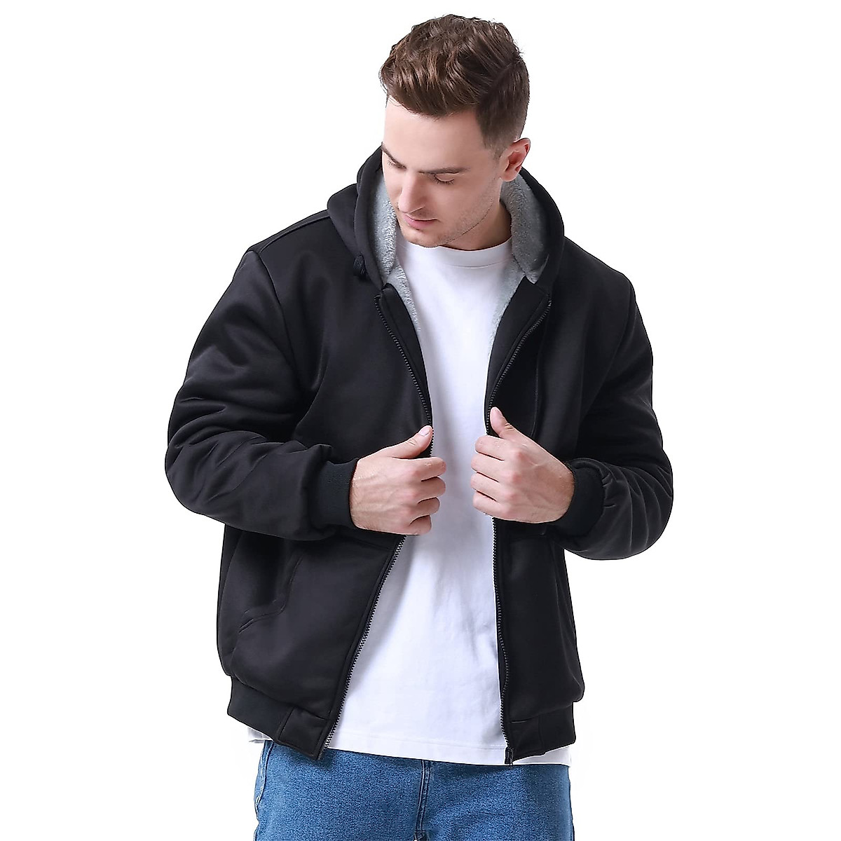 Hoodies for Men Full Zip Up Fleece Warm Jackets Thick Coats Heavyweight Sweatershirts Kangaroo Pockets All Black XL