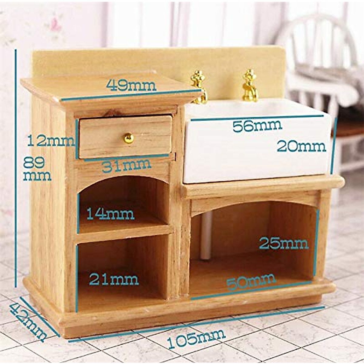 EatingBiting Mini House Bathroom Kitchen Decor Sink 1/12 Wooden Wash Basin Cabinet with Ceramic Hand Sink for Bathroom Kitchen Decoration Accessories