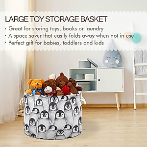 ALAZA Storage Basket Bin Cute Penguins Round Laundry Basket Collapsible Organizer Basket Kids Laundry Hamper with Handles for Nursery Clothes Toys Books Home Decor