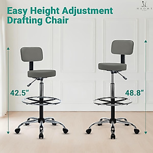 Venus Drafting Stool Chair, Rolling Stools with Wheels, Stools with Backs, Tall Adjustable Office Chair Workbench Stool with Back Support Adjustable Chair Work Stool with Chrome Footrest - Gray