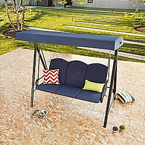 LOKATSE HOME 3-Seats Patio Swing with Adjustable Canopy Weather Resistant Steel Frame Outdoor Porch Converting Deck Furniture, Blue